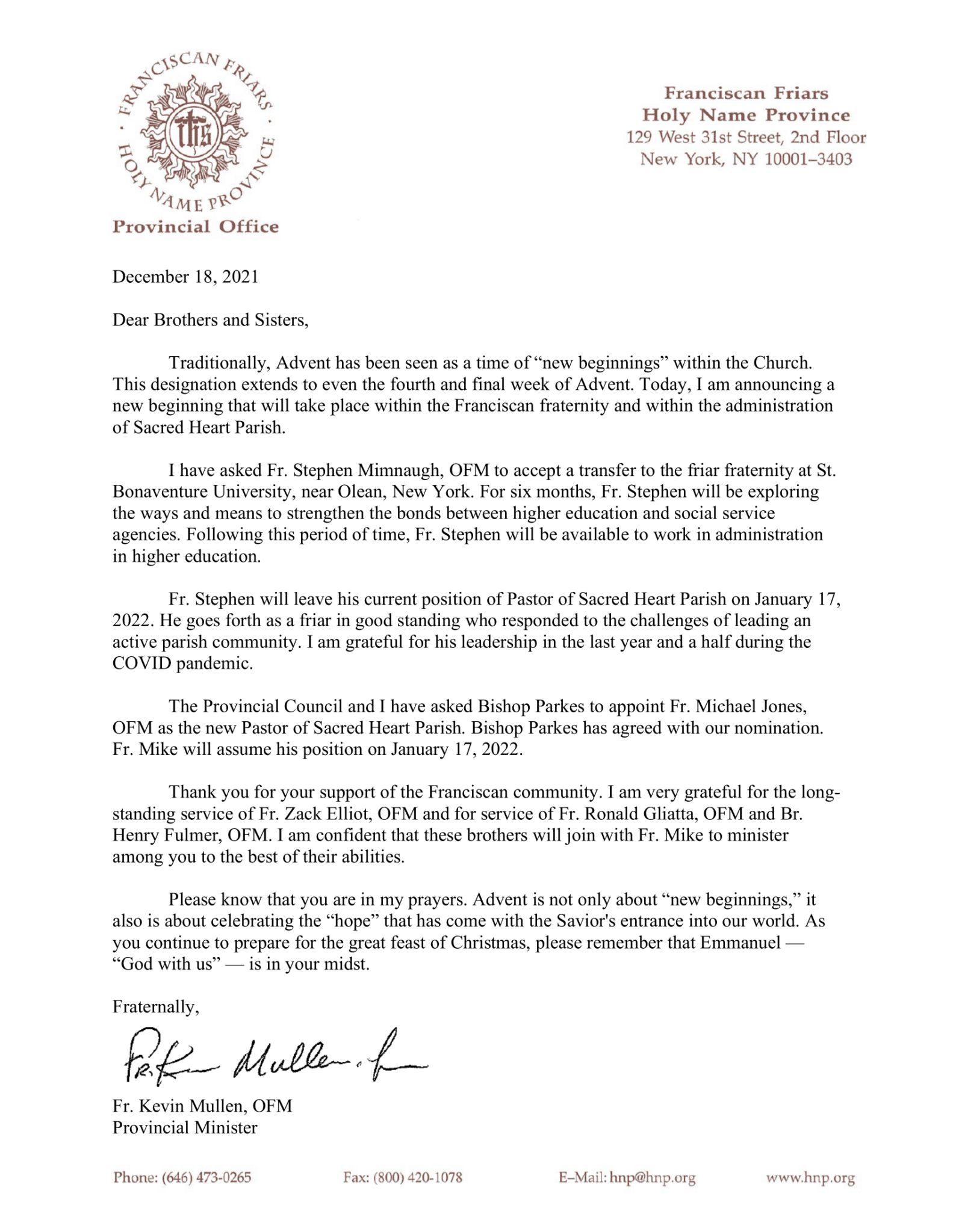 Fr. Stephen’s Final Letter to Parishioners | Sacred Heart Catholic Church