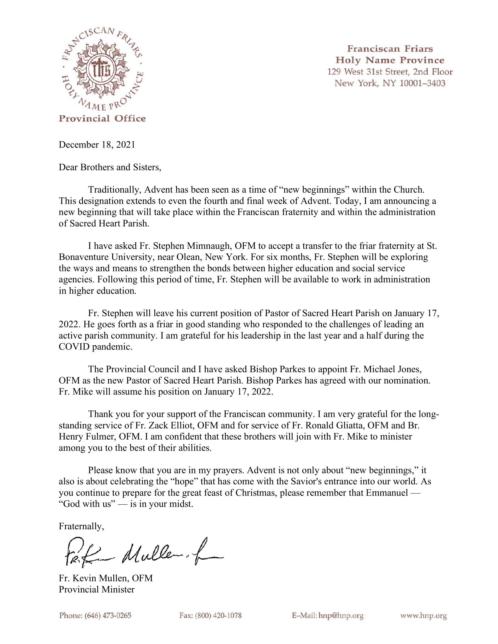 Fr. Stephen’s Final Letter to Parishioners | Sacred Heart Catholic Church